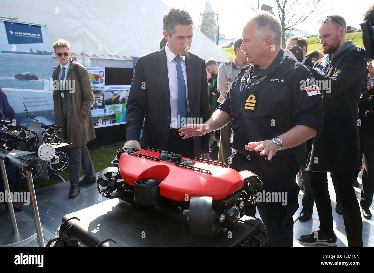 Defence Secretary Gavin Williamson looks at an underwater drone during ...