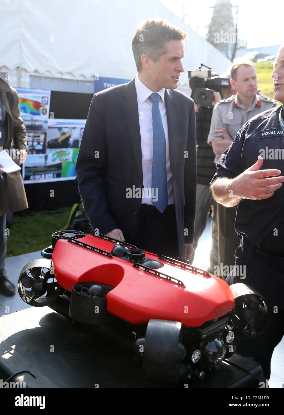 Defence Secretary Gavin Williamson looks at an underwater drone during ...