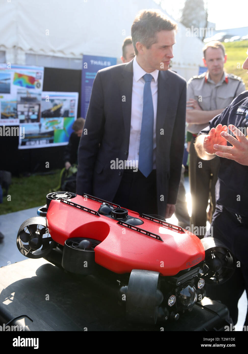 Defence Secretary Gavin Williamson looks at an underwater drone during ...