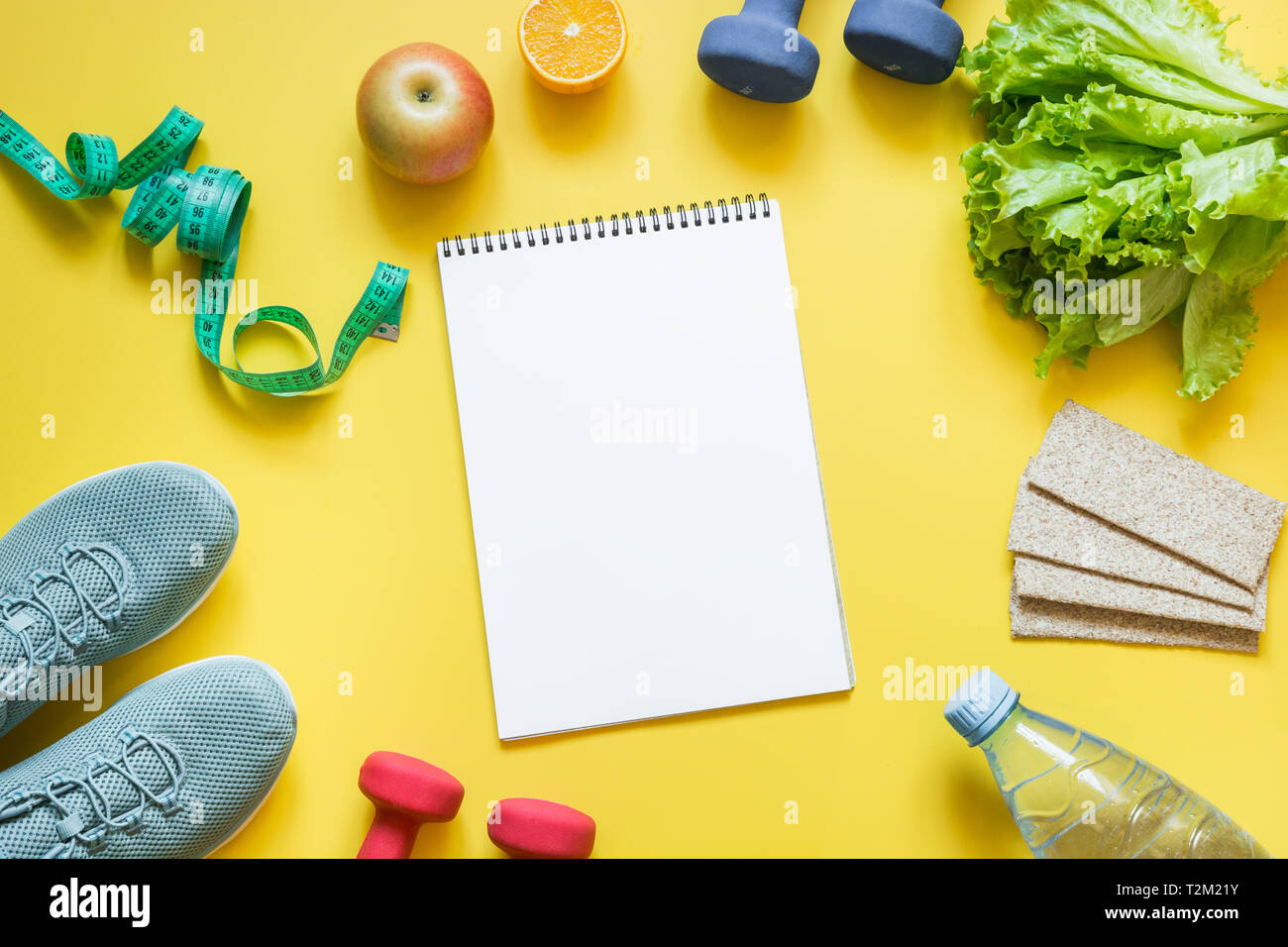 Concept fitness equipment and healthy clean eating. Space for text ...