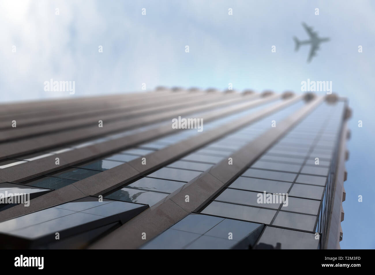 Bottom angle view of airplane in sky over city buildings Stock Photo ...