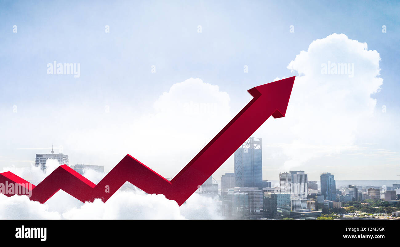 Red growth arrow going up against modern cityscape background. Mixed ...
