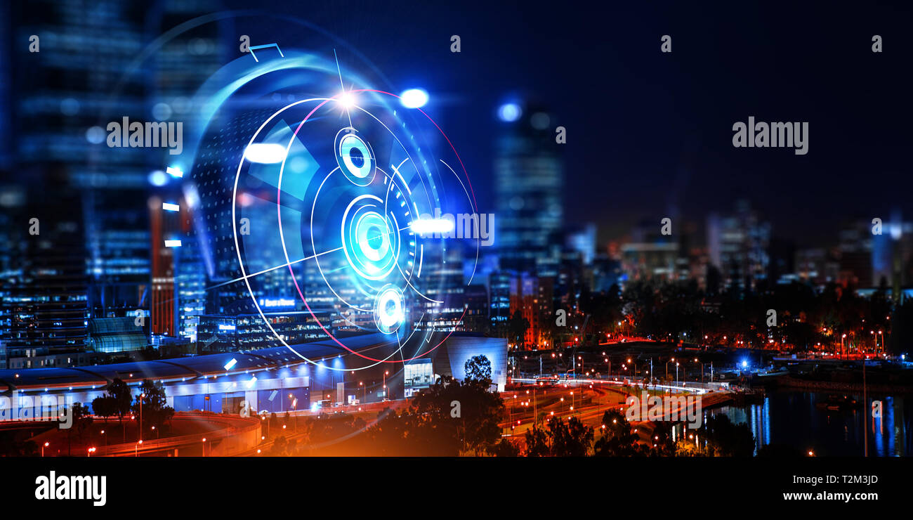 Digital business interface with infographs in dark interior. Mixed ...