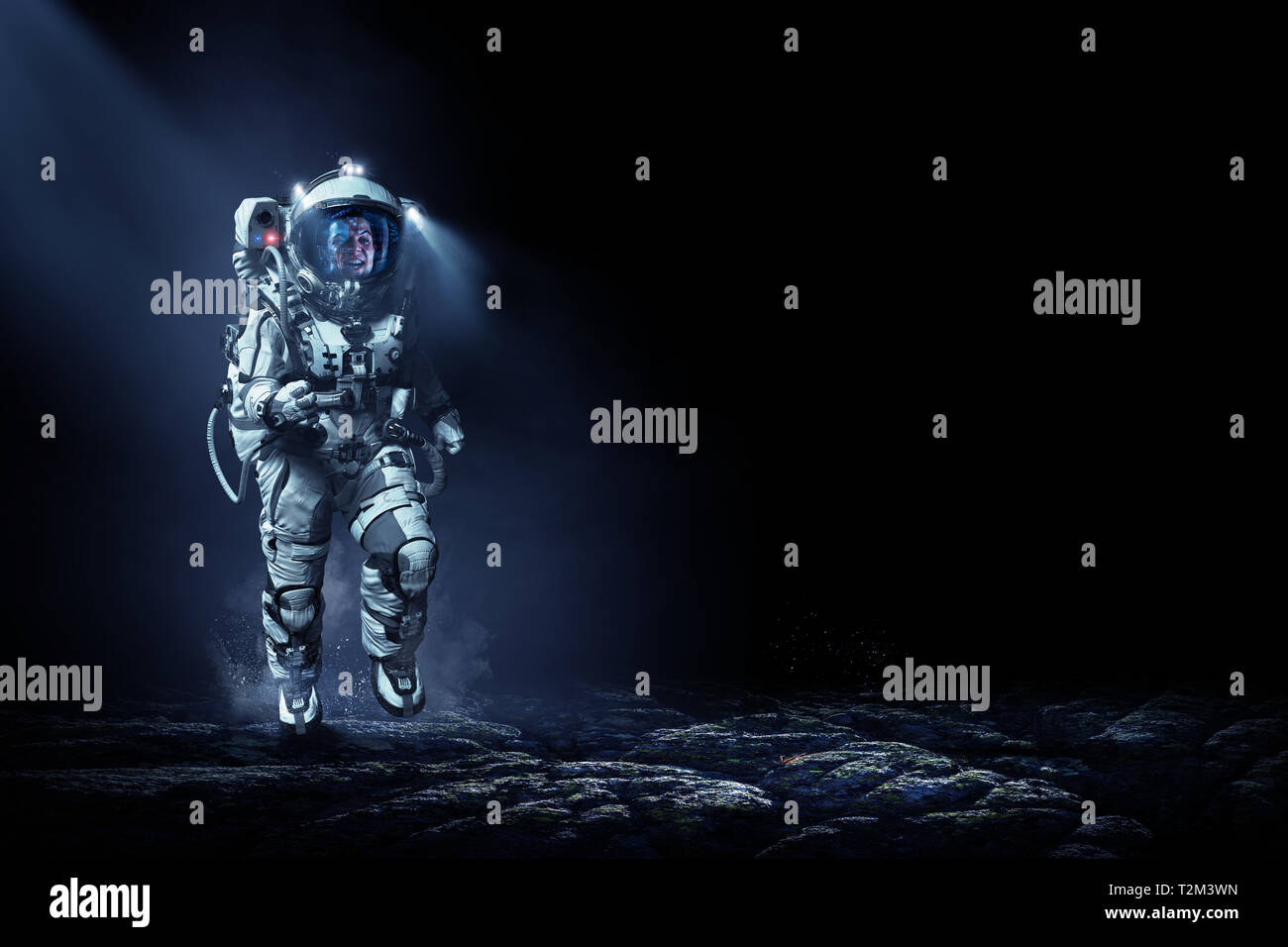 Astronaut in spacesuit running on planet surface. Mixed media Stock ...