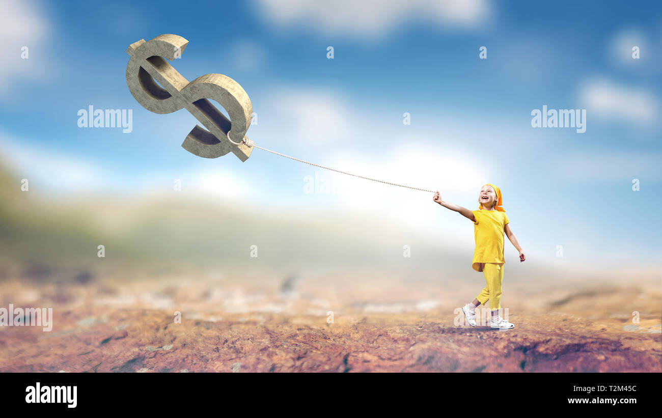 Cute kid girl outdoors with dollar sign on rope. Mixed media Stock ...