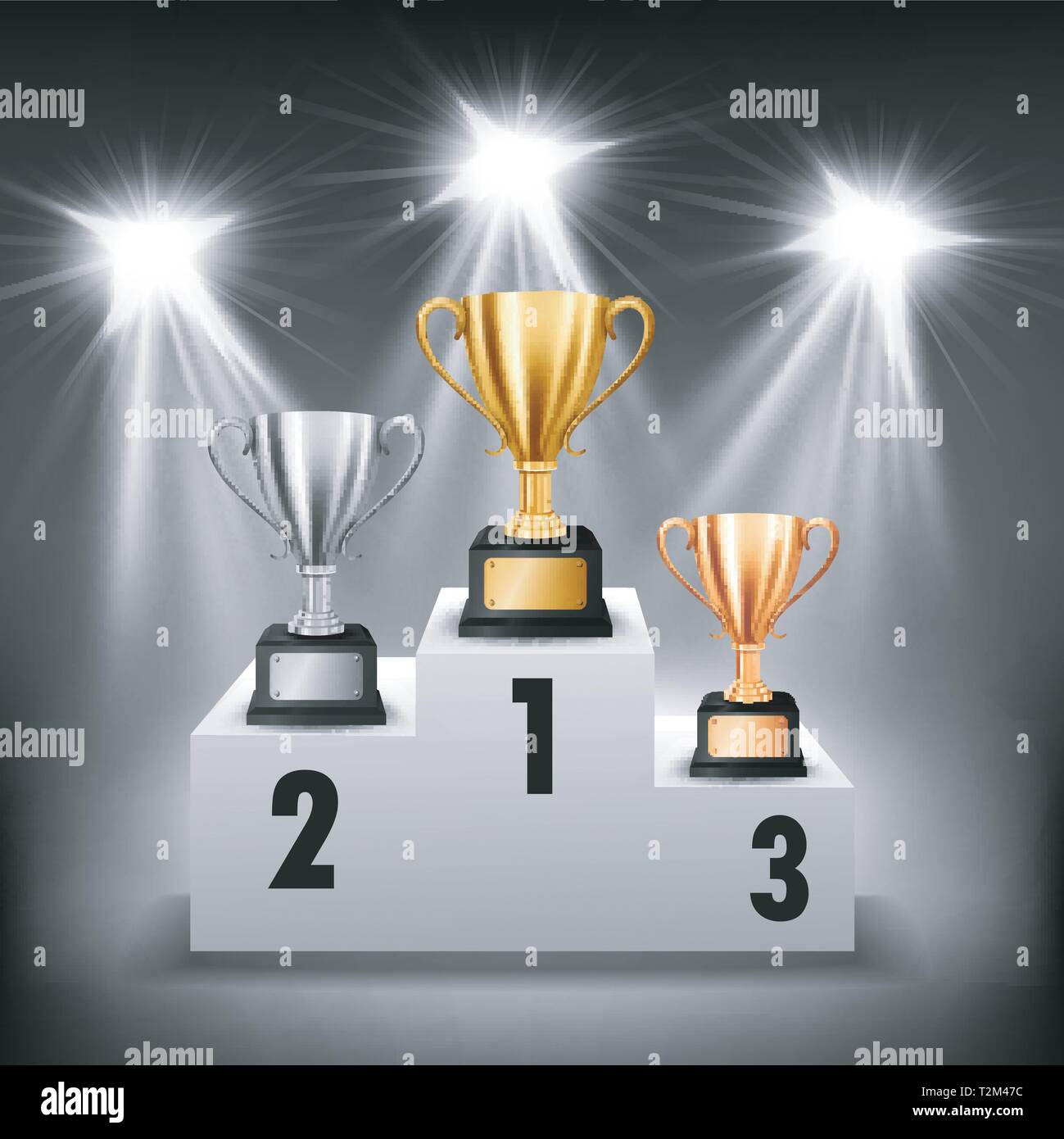 Winner Podium with 3 trophies with illuminated spotlights, Vector ...