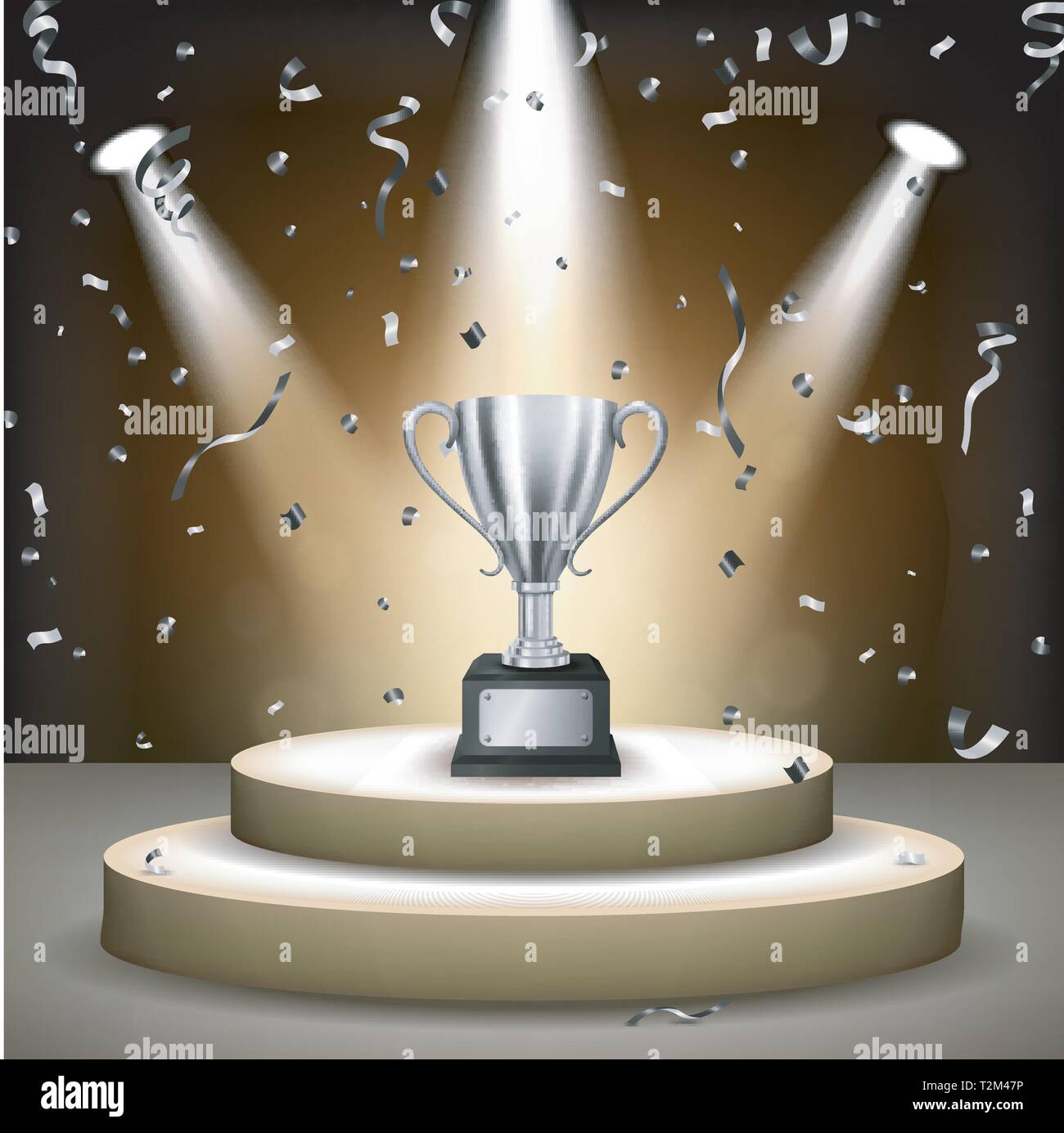 Realistic Silver Trophy on stage with confetti falling and illuminated ...