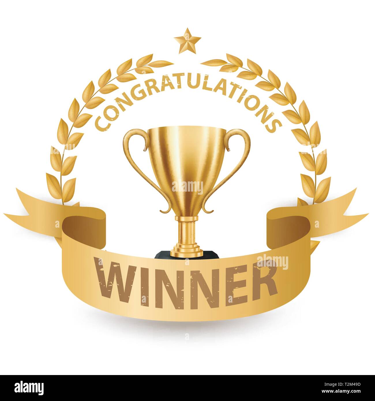 Realistic Golden Trophy with Gold Laurel Wreath and ribbon, Vector ...
