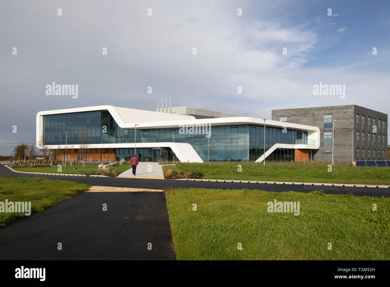Wide view of front facade. Menai Science Parc, Bangor, United Kingdom ...