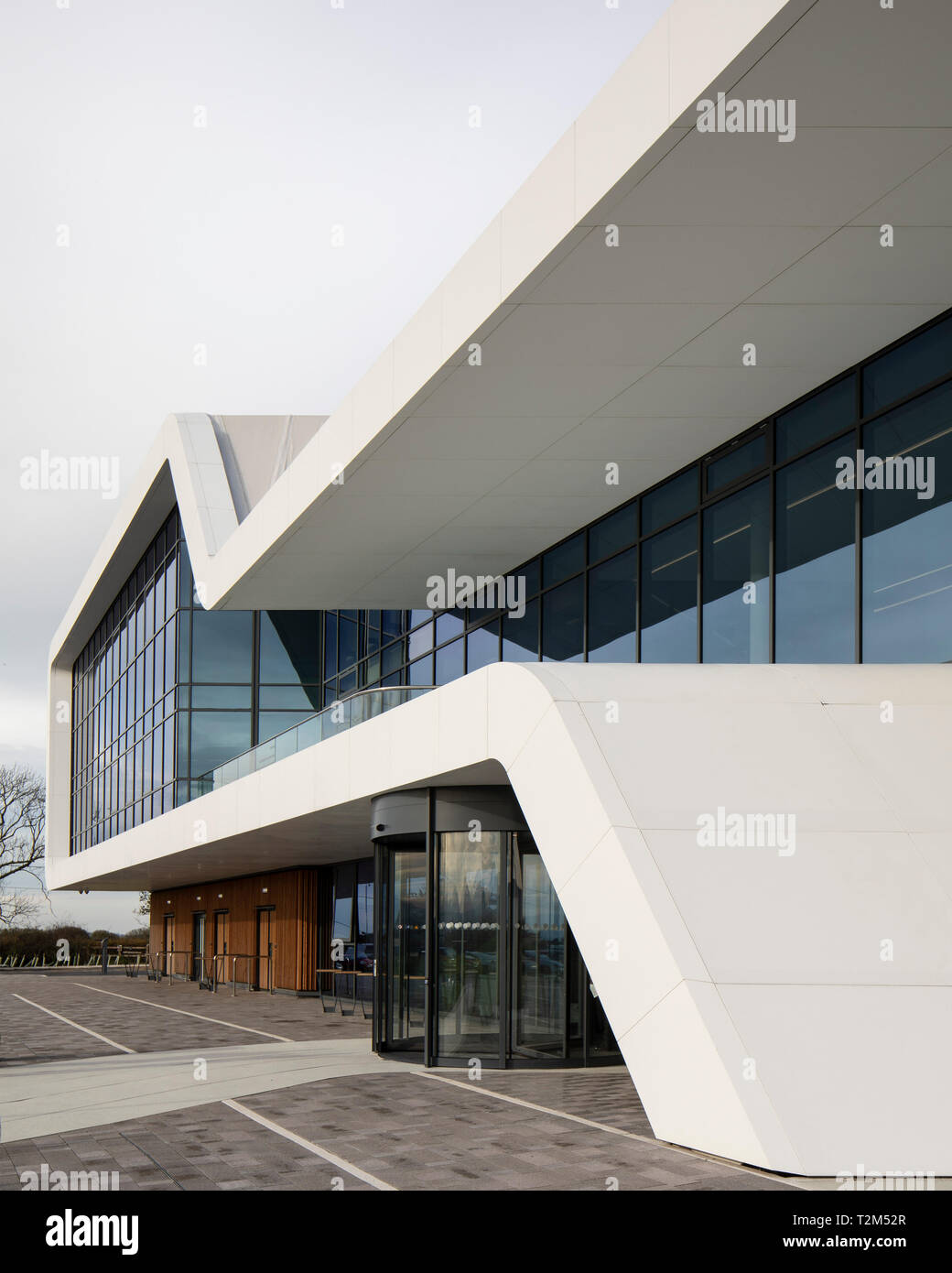 Angled view of front facade and entrance. Menai Science Parc, Bangor ...