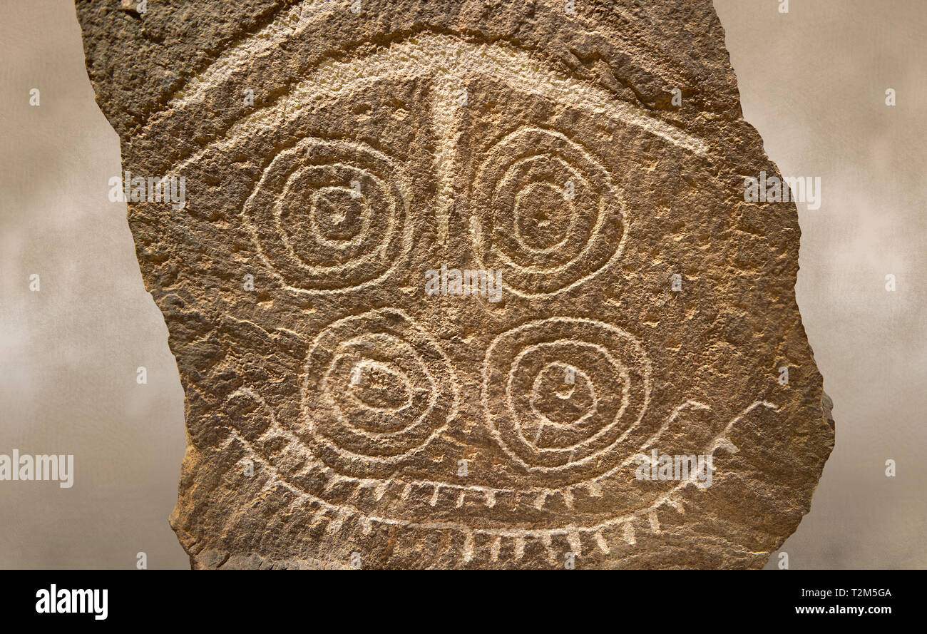 Prehistoric petroglyphs, rock carvings, of geometric designs carved by ...