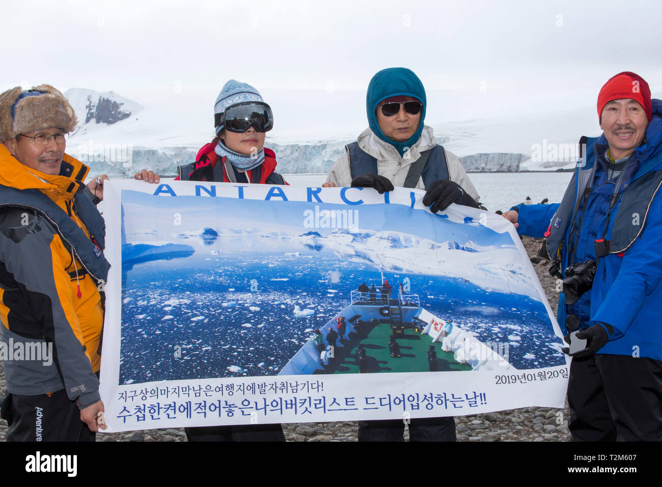South Korean tourists at Yankee Harbour, Antarctic Peninsular Stock ...