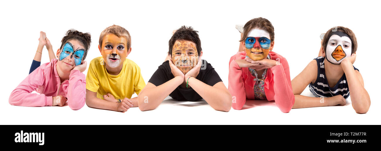 Children's group with animal face-paint isolated in white Stock Photo ...
