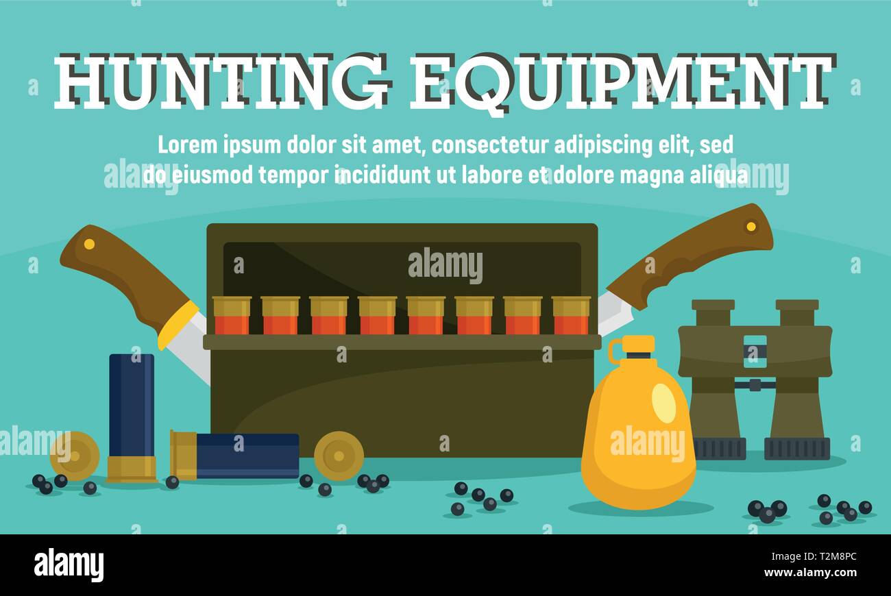 Modern hunting equipment concept banner. Flat illustration of modern ...
