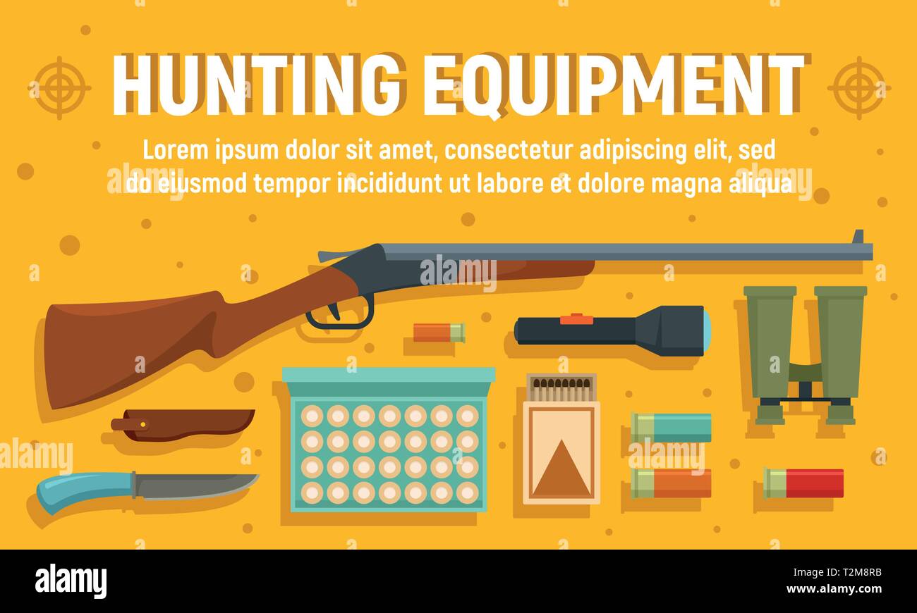 Modern hunter equipment concept banner. Flat illustration of modern ...