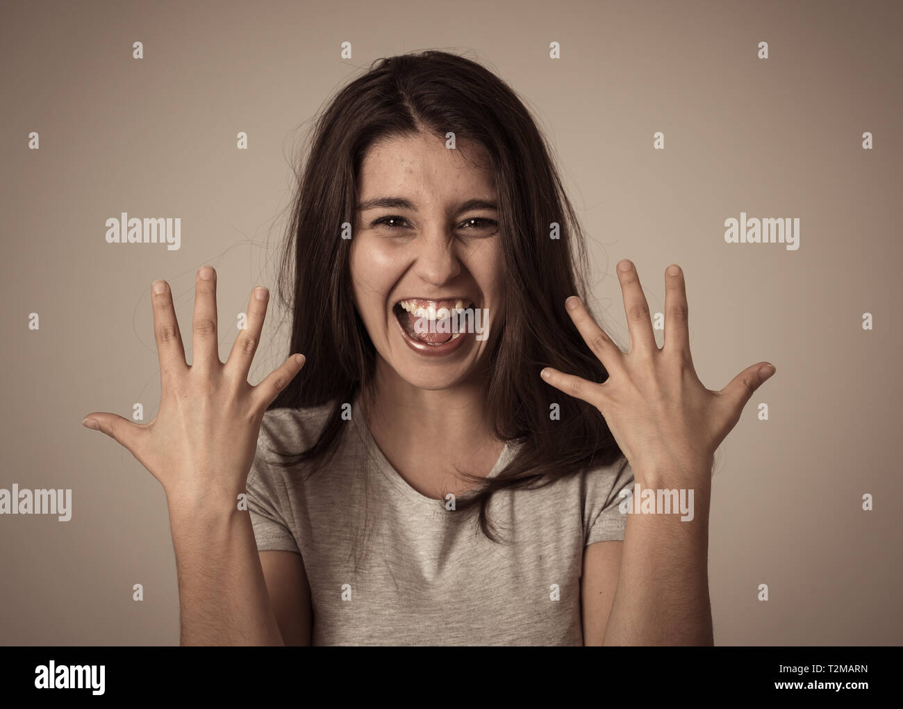 Portrait of beautiful shocked woman hearing good news, winning lottery ...
