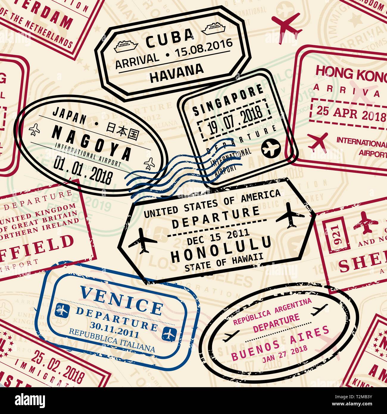Passport Stamps Vector Seamless Pattern Travel Stamp Theme Fictitious Stamps Stock Vector