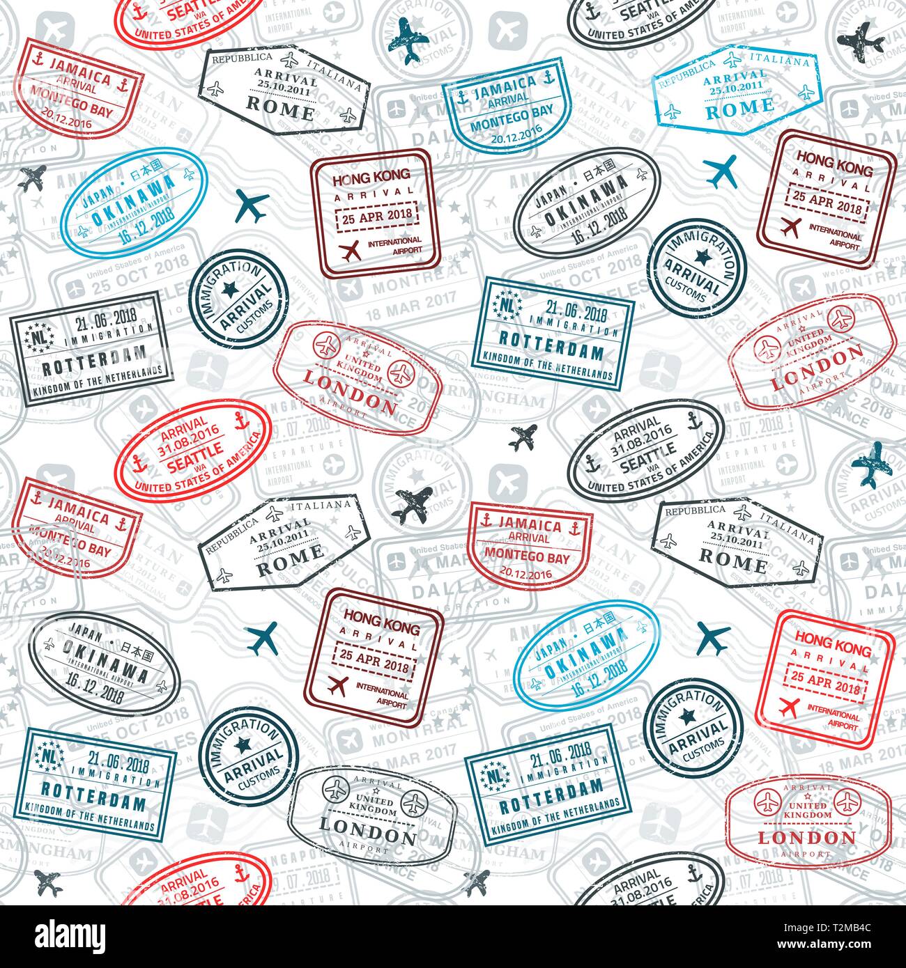 Seamless passport stamps vector background - travel stamp pattern ...