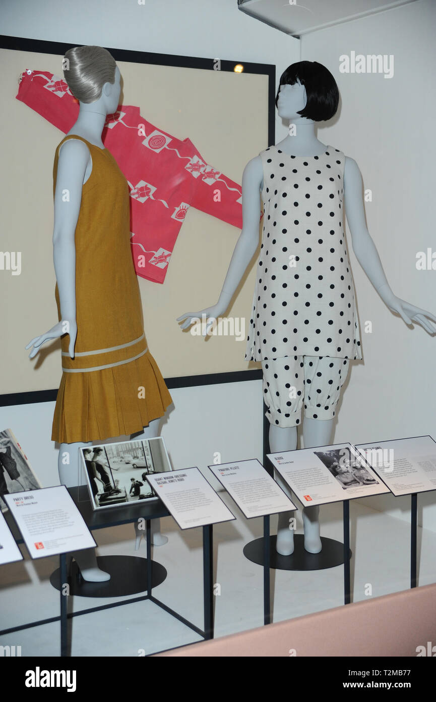 Fashion items designed by Mary Quant seen displayed at the Mary Quant ...