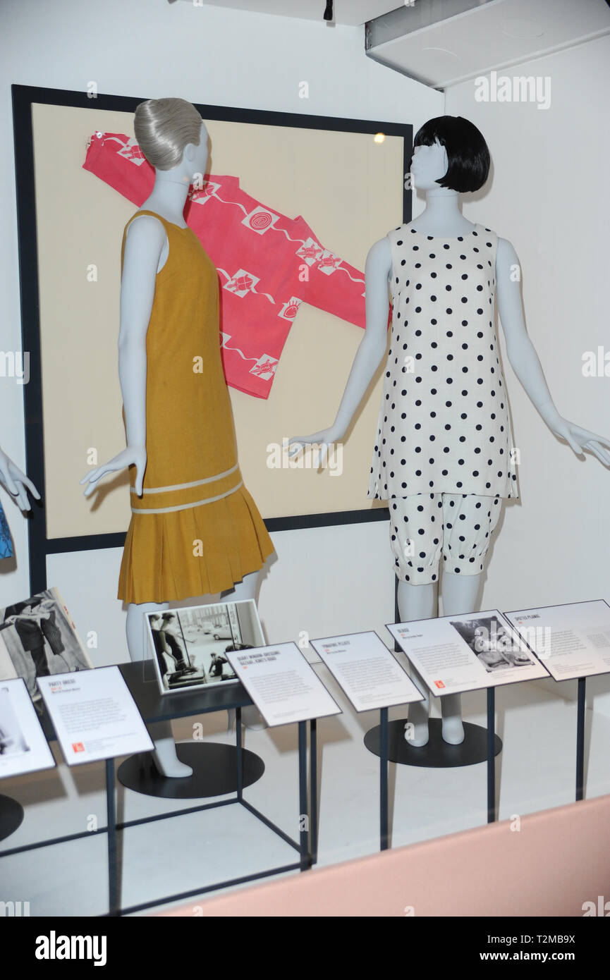 Fashion items designed by Mary Quant seen displayed at the Mary Quant ...