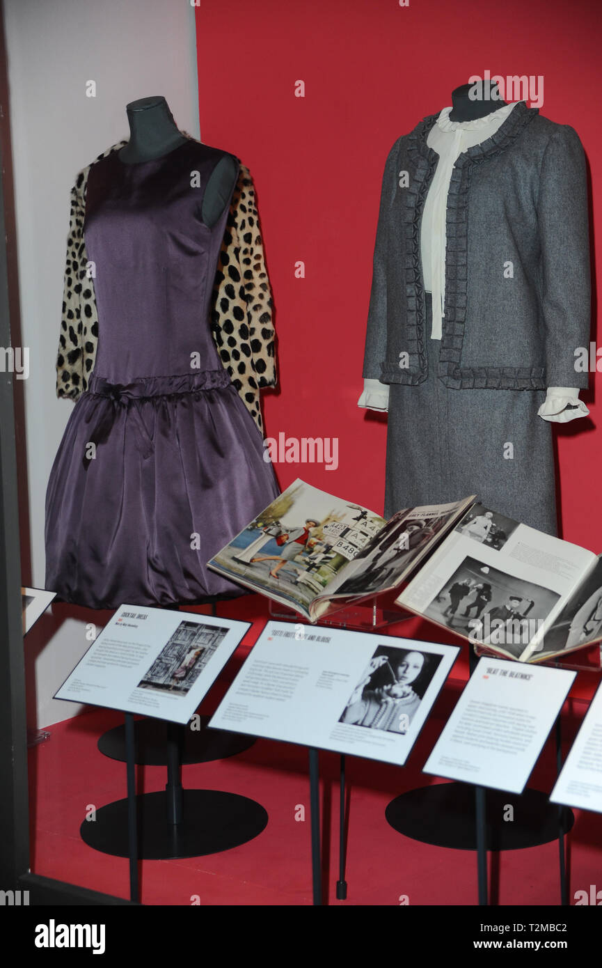 Fashion items designed by Mary Quant seen displayed at the Mary Quant ...