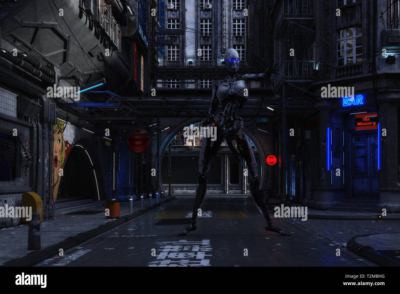 3D Illustration of a futuristic urban Scene with Cyborg Stock Photo - Alamy