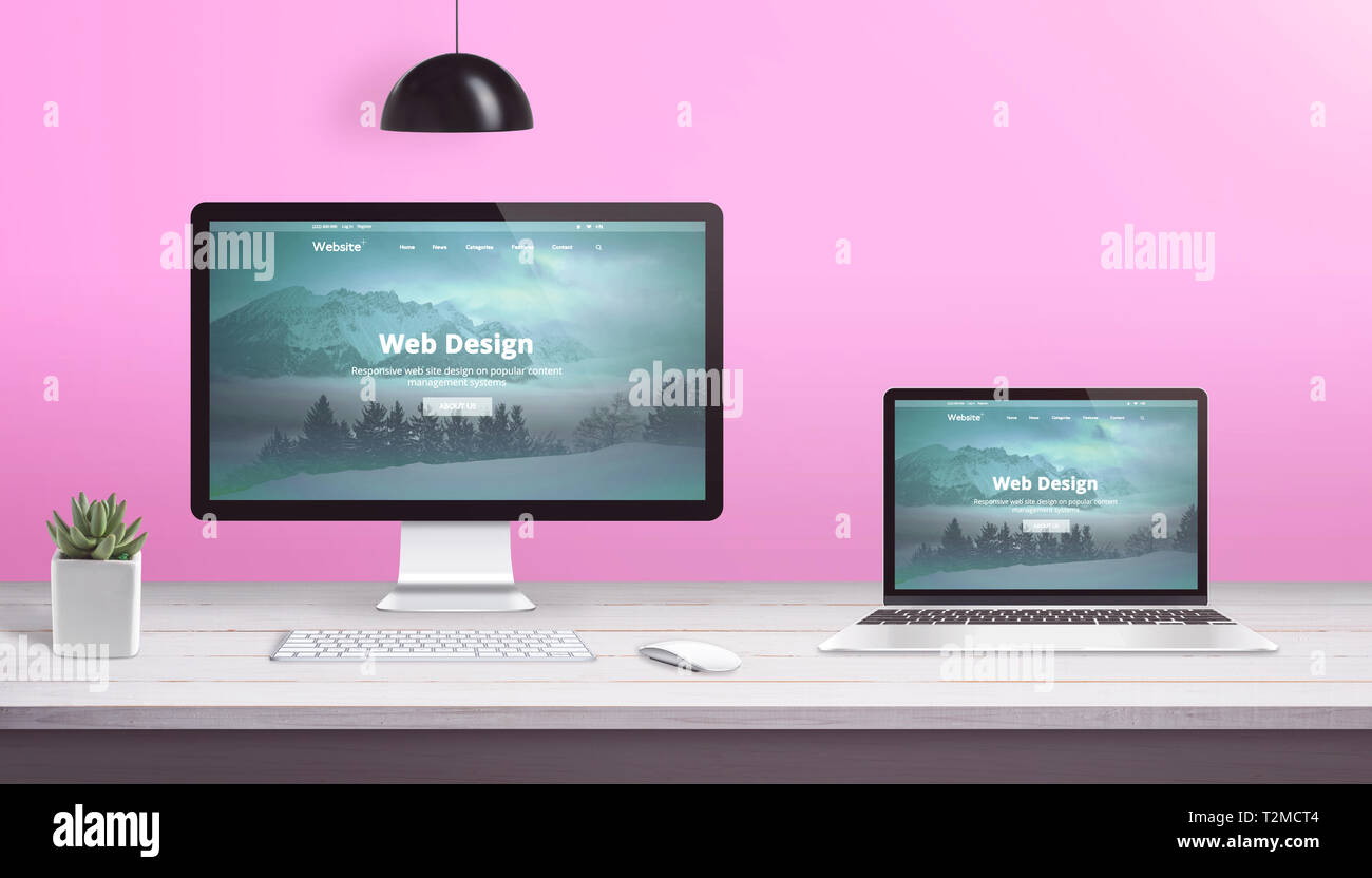 Theme design studio concept with computer display and laptop with flat ...