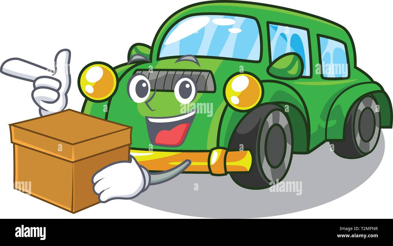 With box miniature classic car in shape characters vector illustration ...