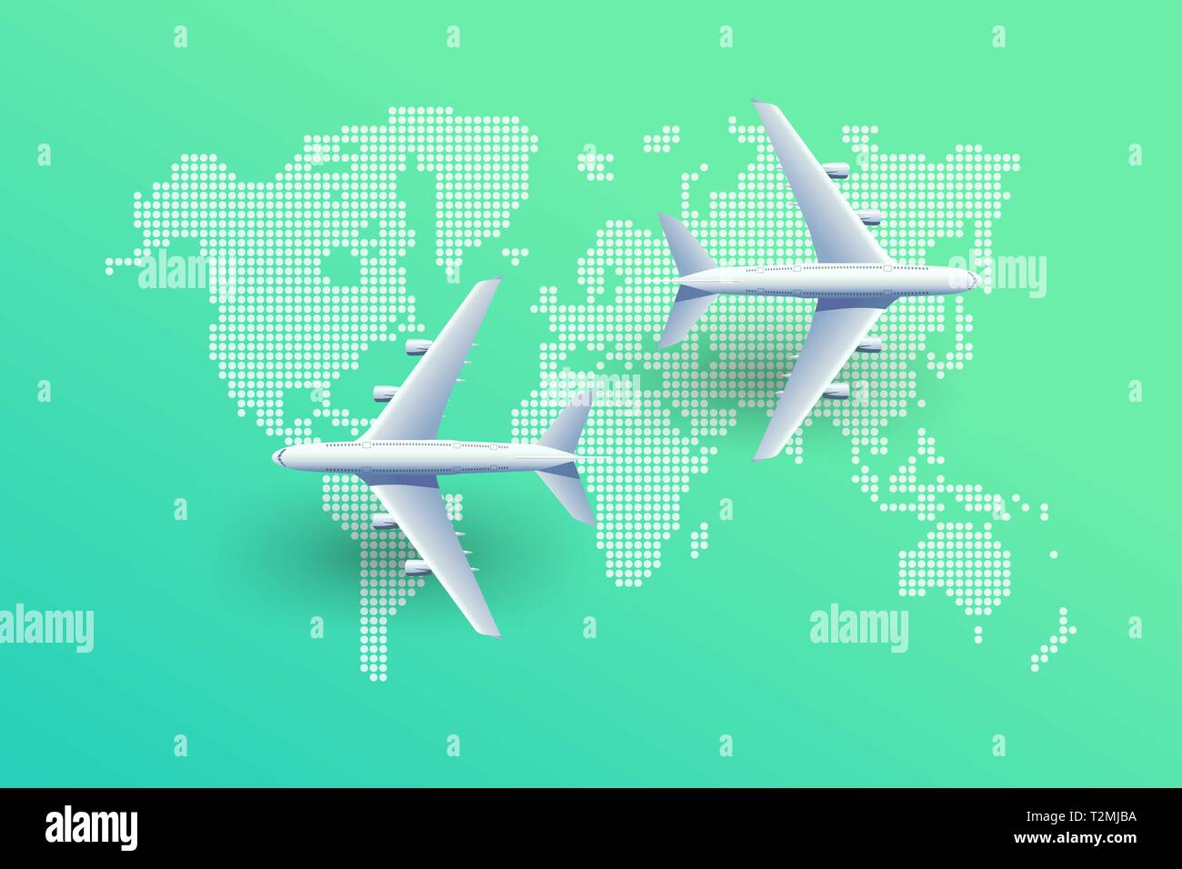 Planes over world map. Airlines top view. Airplane flying above world ...