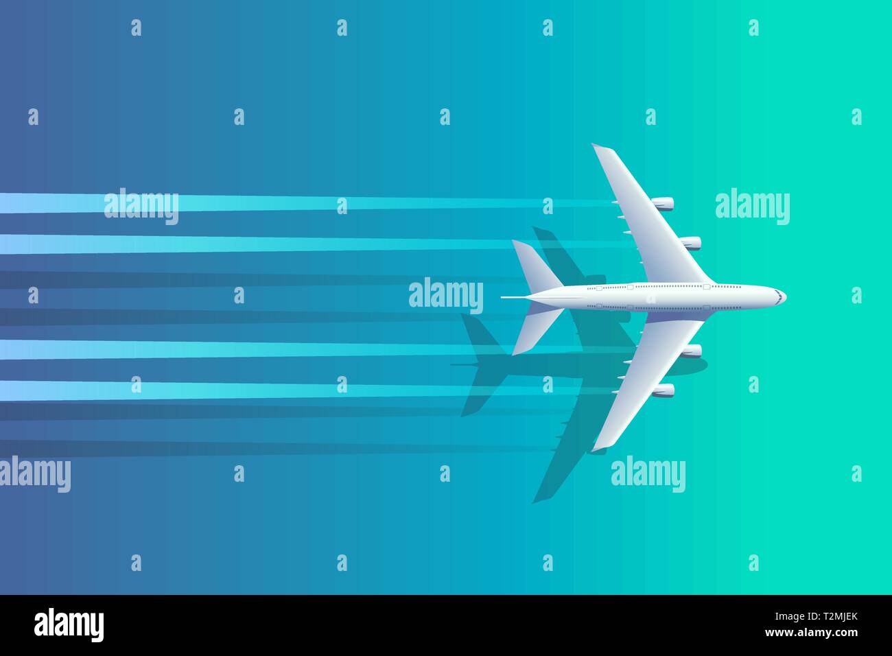 Top view of the plane above the ocean. Flying airplane, jet aircraft ...