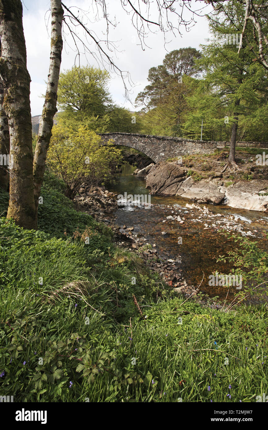 Bridge of Coe over the River Coe with deciduous woodland beyond Glencoe ...