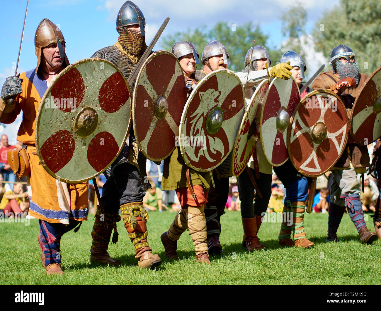 Hämeenlinna, Finland - August 17, 2014: Vikings fighting with swords ...