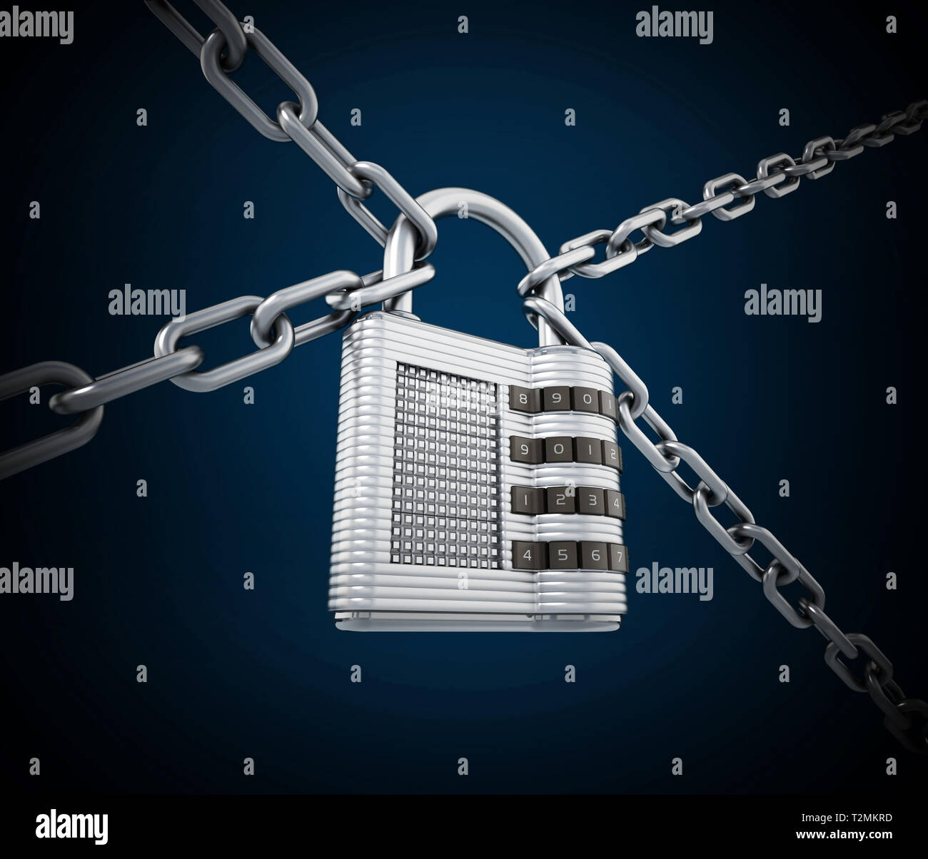 Chained padlock on dark blue background. 3D illustration Stock Photo ...