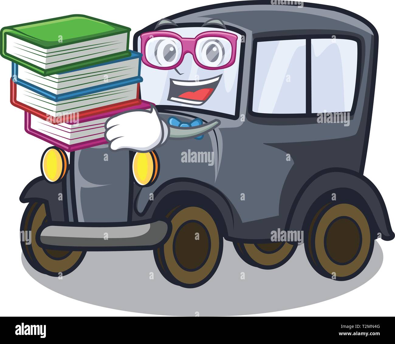 Student with book old miniature car in shape mascot vector illustration ...