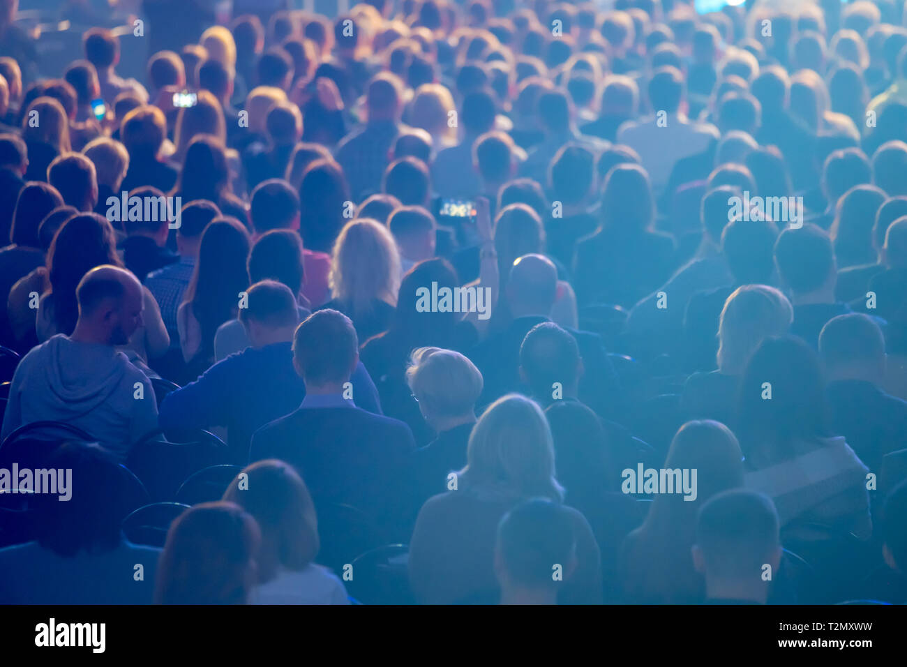 Audience listens to the lecturer at the business conference, back view ...