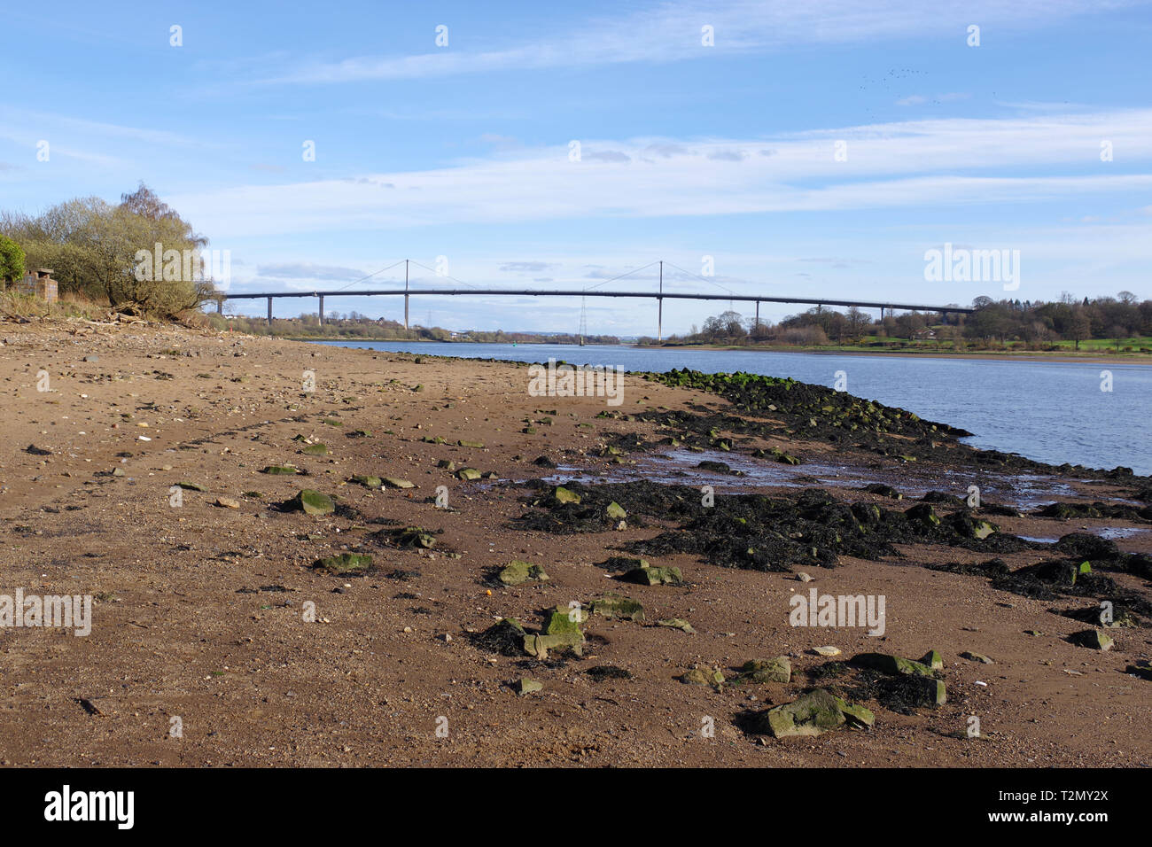 View of the Erskine Bridge crossing the River Clyde, from the beach at ...