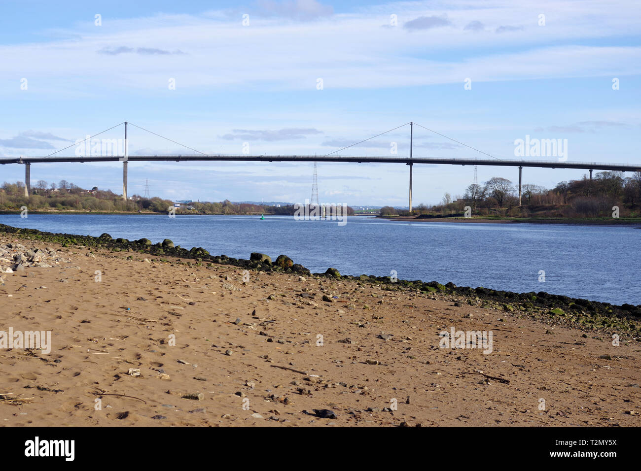 View of the Erskine Bridge crossing the River Clyde, from the beach at ...