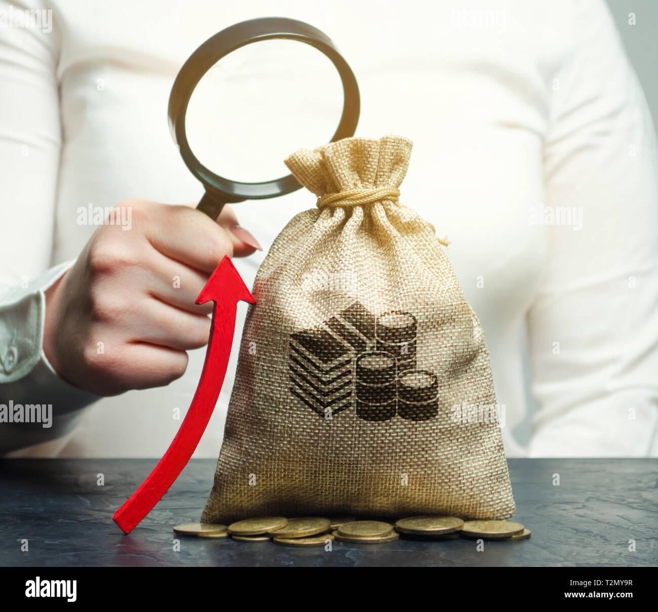 Female hand holds magnifying glass over money bag and up arrow. Concept ...