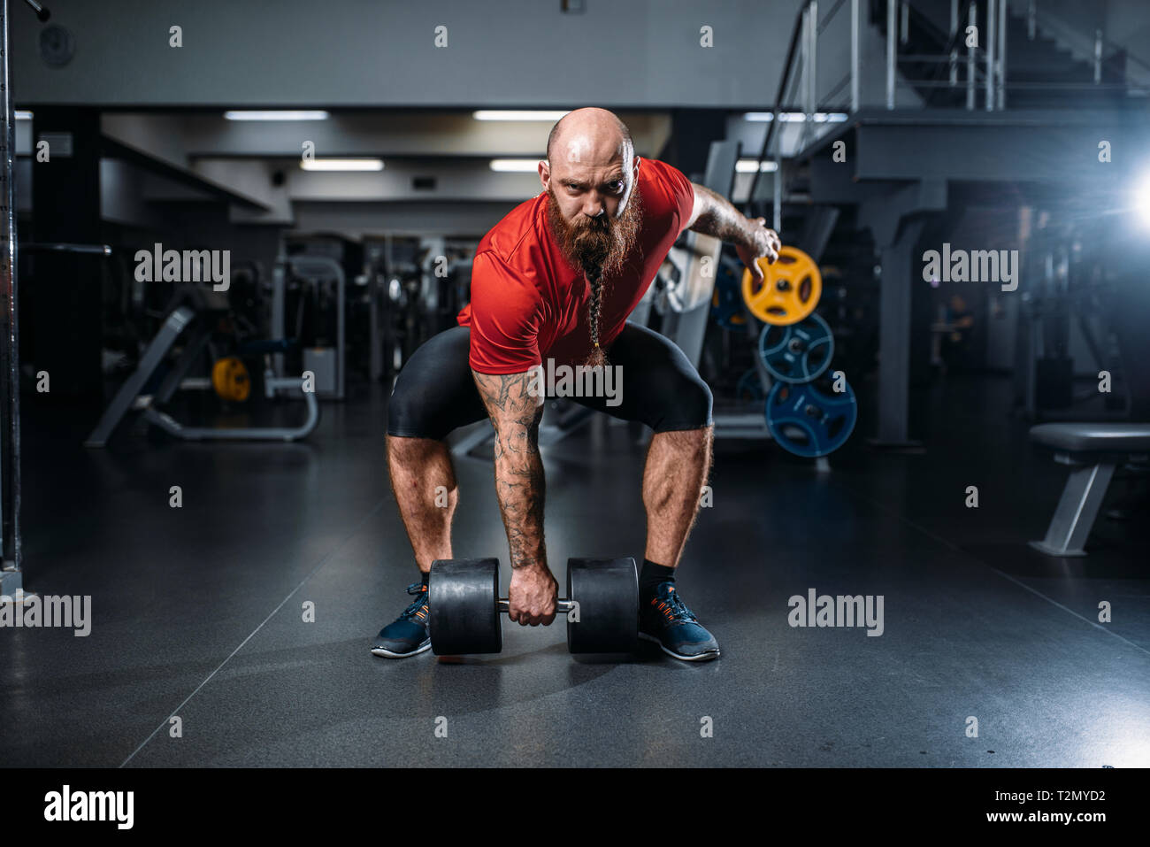 Athletic male lifter doing exercise with dumbbells in gym. Bearded ...