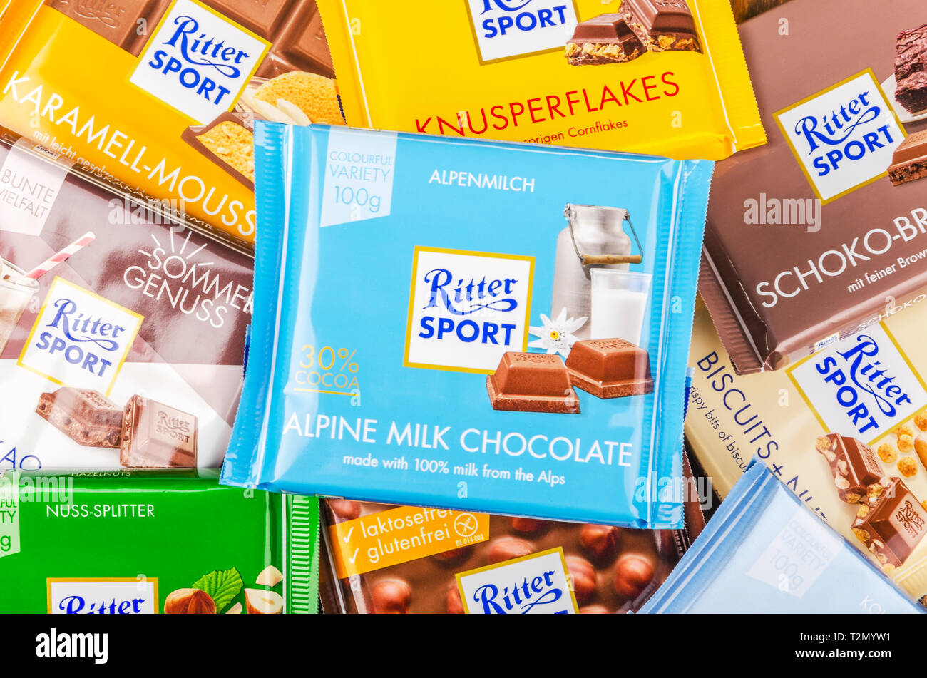 Variety of Ritter Sport chocolate bars Stock Photo - Alamy