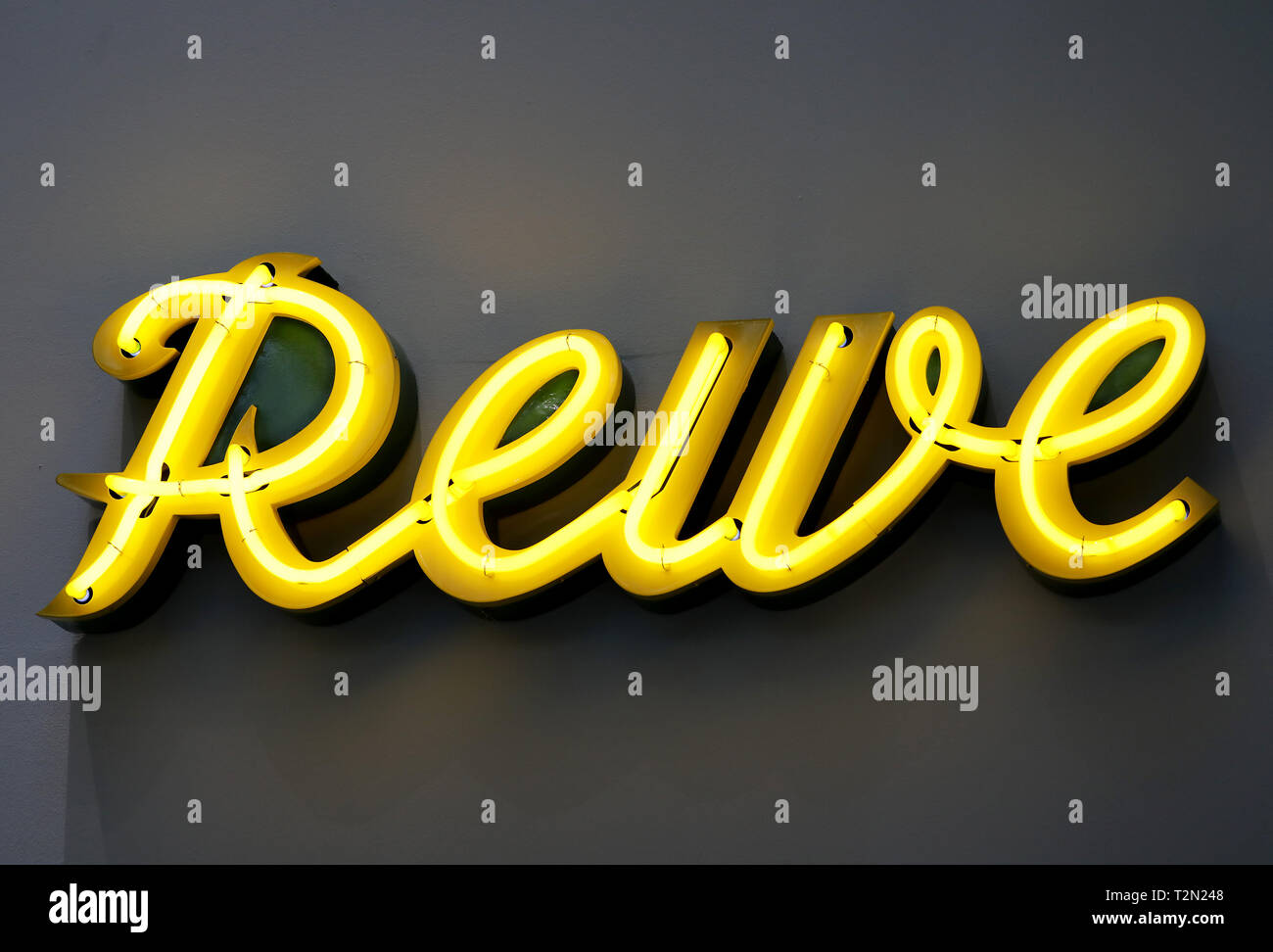 03 April 2019, North Rhine-Westphalia, Köln: An old logo of the Rewe ...