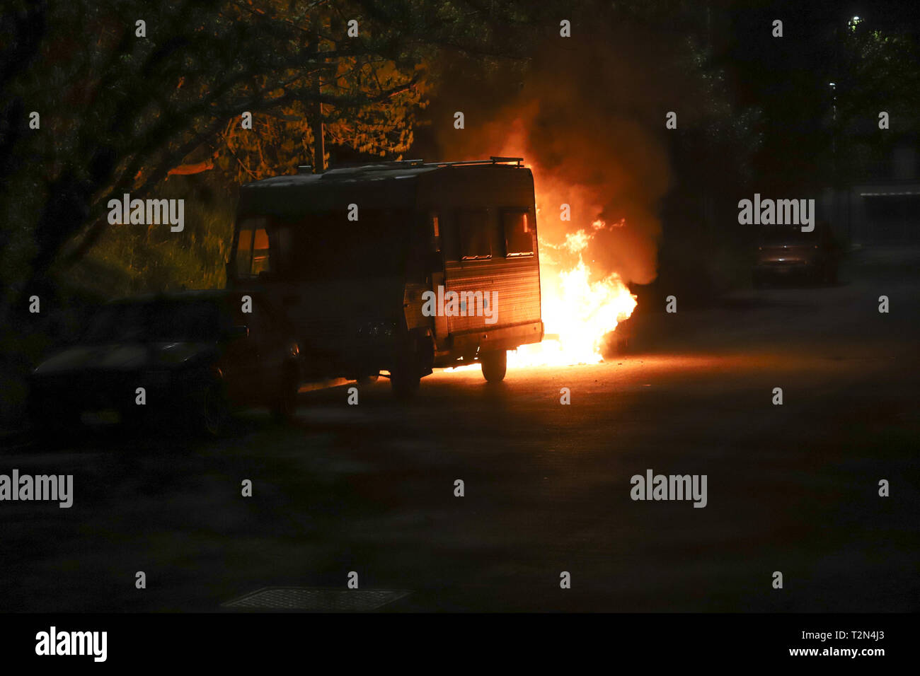 Rome, Torre Maura: burned a camper Stock Photo - Alamy