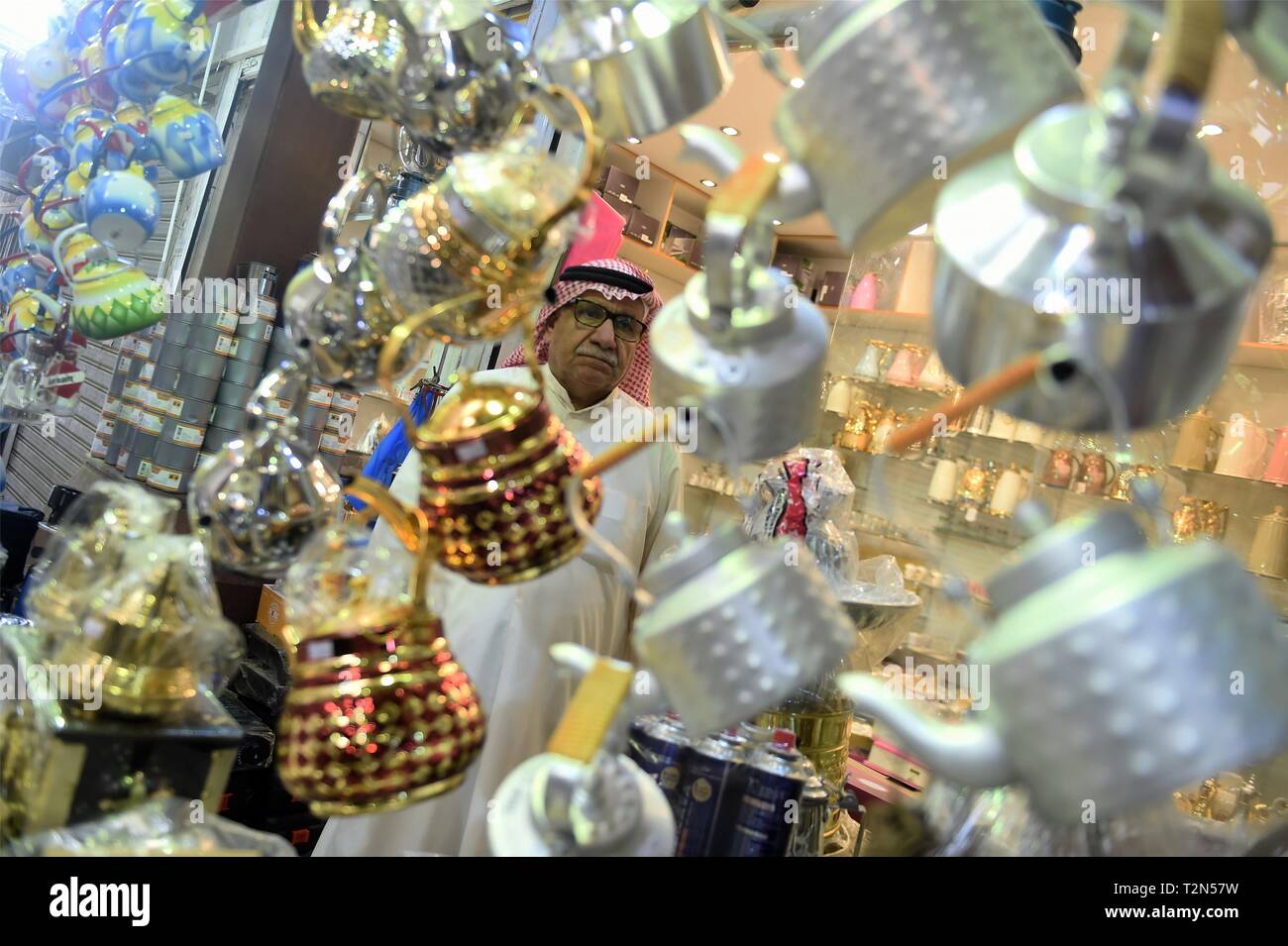Kuwait, Kuwait. 3rd Apr, 2019. A houseware seller is seen in his shop ...