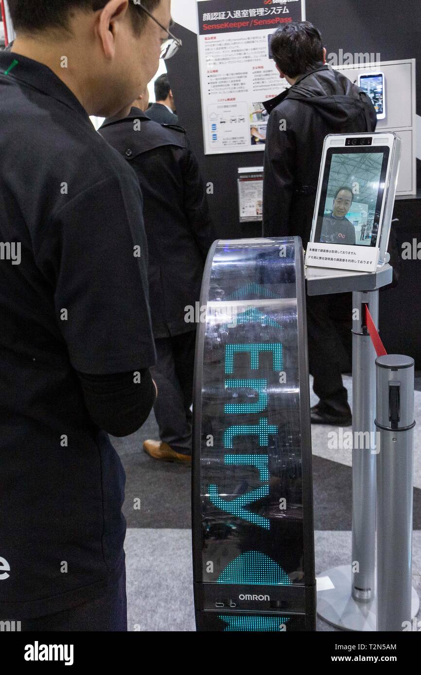Tokyo, Japan. 03rd Apr, 2019. An exhibitor demonstrates facial ...
