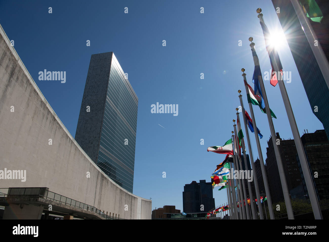 New York, USA. 01st Apr, 2019. Flags of the member countries are flying ...
