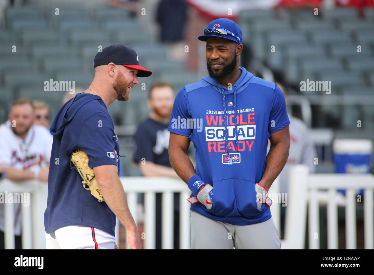 Atlanta, GA, USA. 3rd Apr, 2019. Former teammates Atlanta Braves relief ...