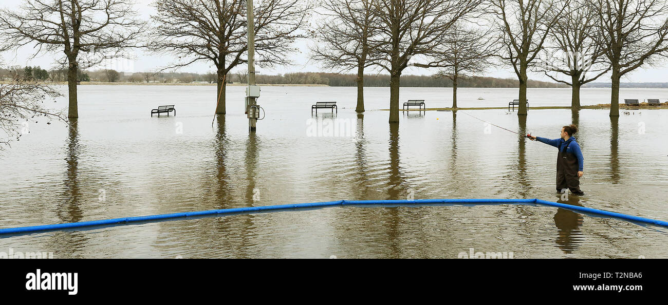 Moline, Iowa, USA. 3rd Apr, 2019. KAIGE GOODMAN takes a break to cast ...