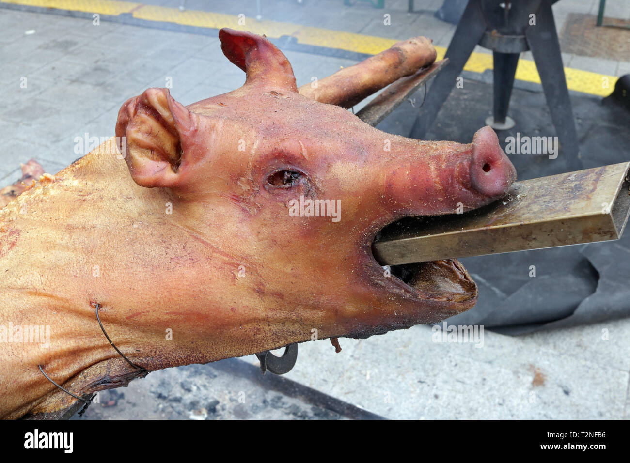 A young pig head is fried on coals in a street restaurant. Outdoor ...