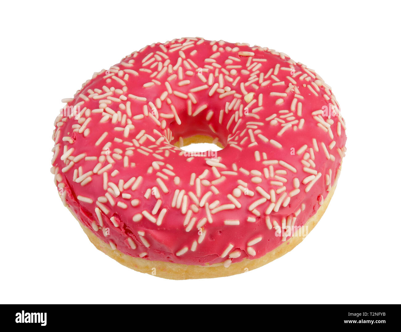 Real donut with pink strawberry icing. Isolated on white macro studio ...
