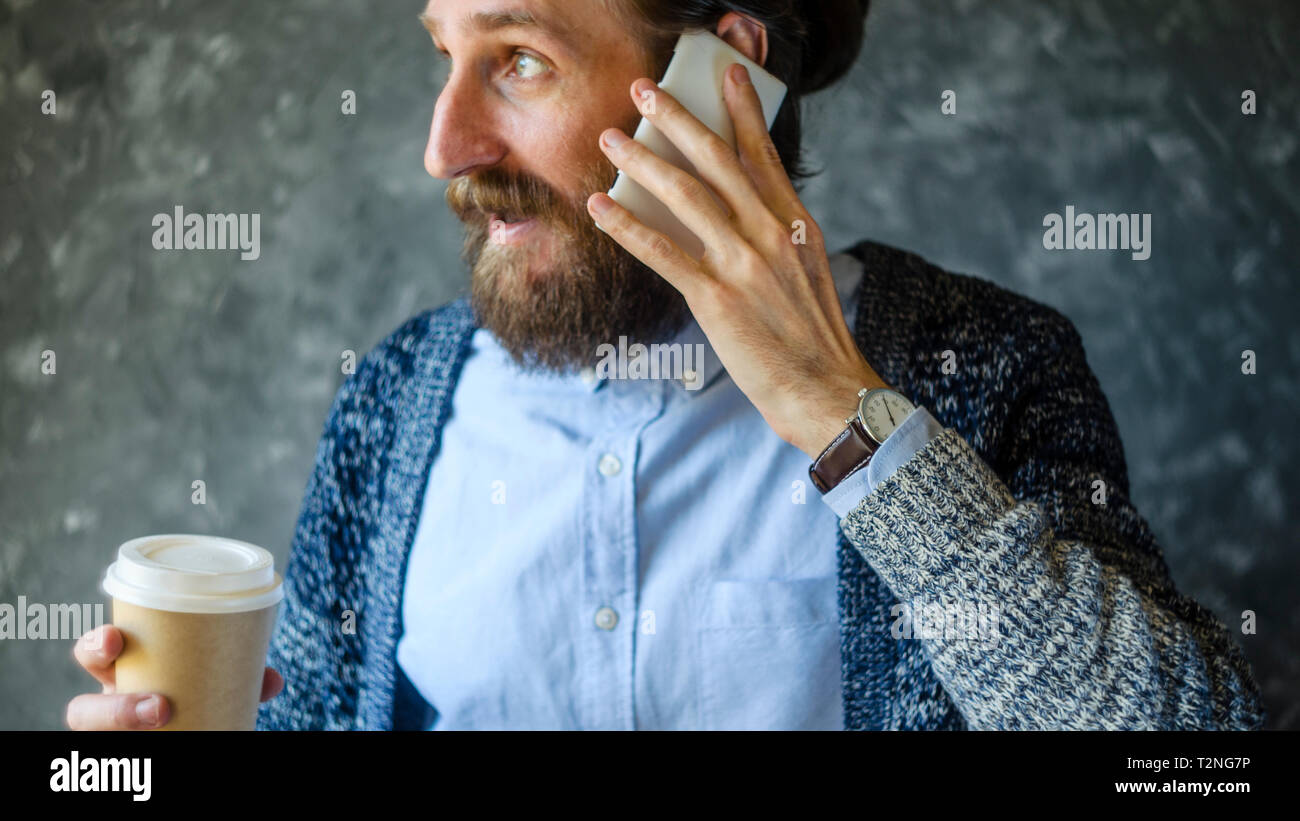 Happy Bearded Man Talk at Phone. Open and Friendly Communication with a ...